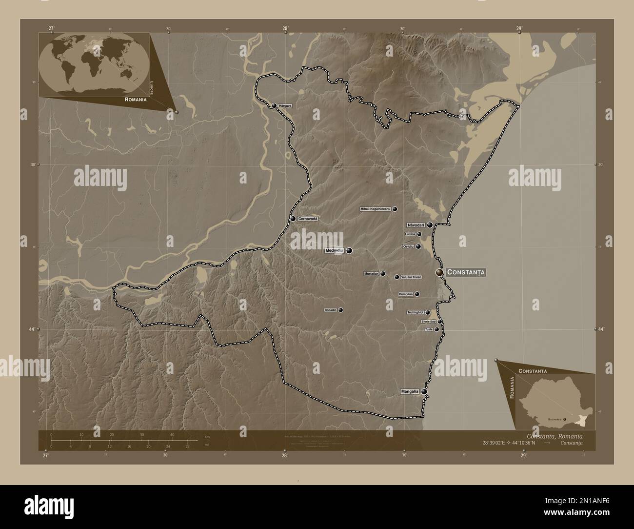 Constanta, county of Romania. Elevation map colored in sepia tones with ...
