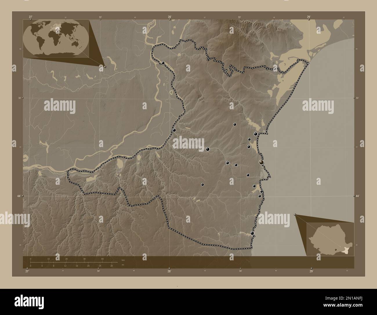 Constanta, county of Romania. Elevation map colored in sepia tones with ...