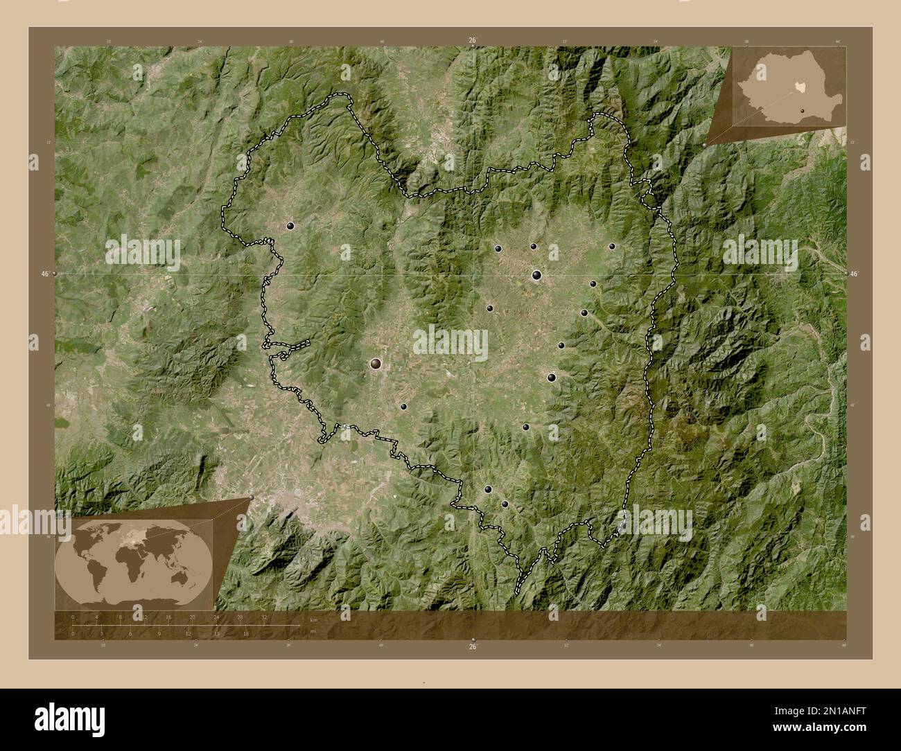 Covasna, county of Romania. Low resolution satellite map. Locations of major cities of the ...