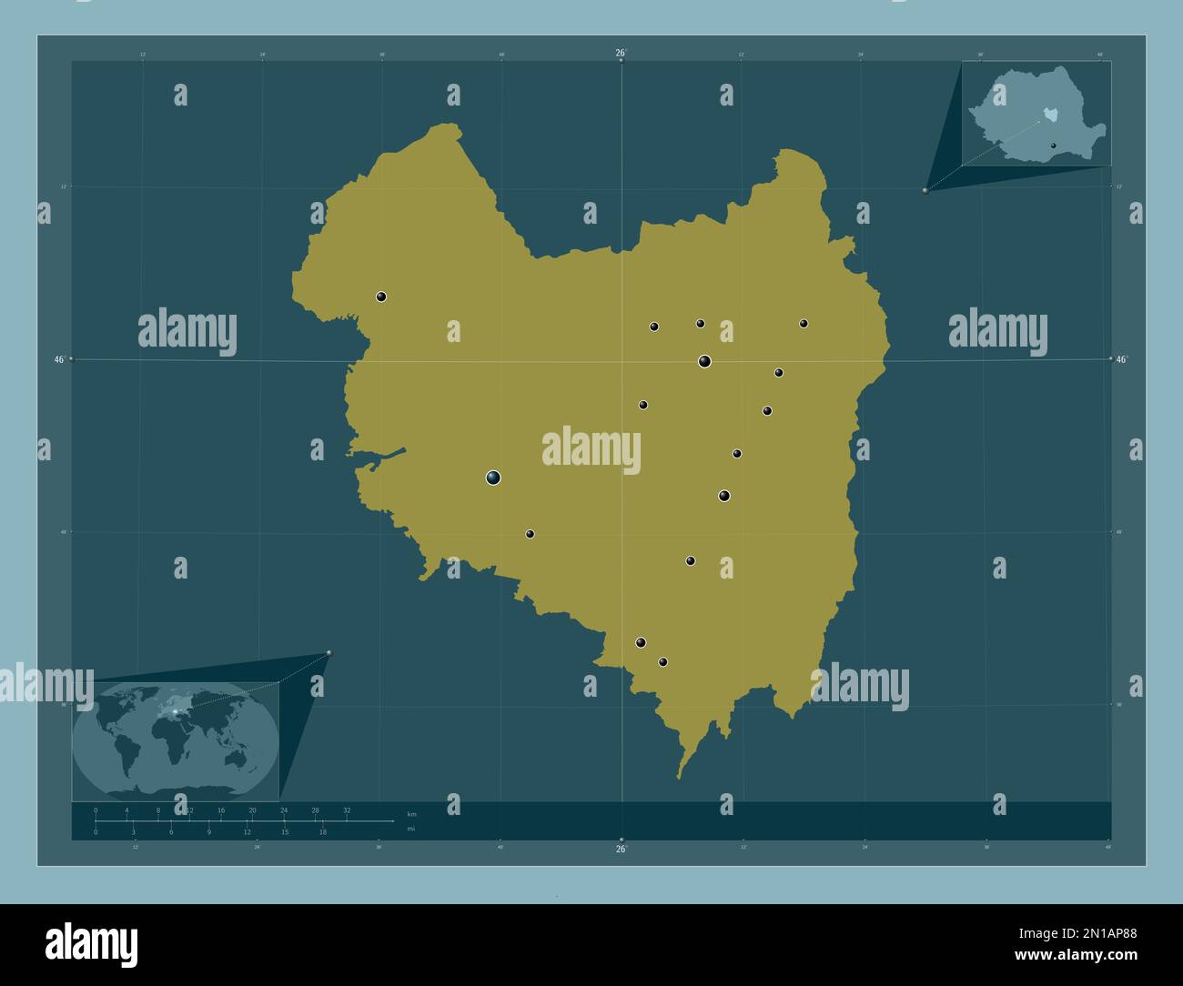 Covasna, county of Romania. Solid color shape. Locations of major ...