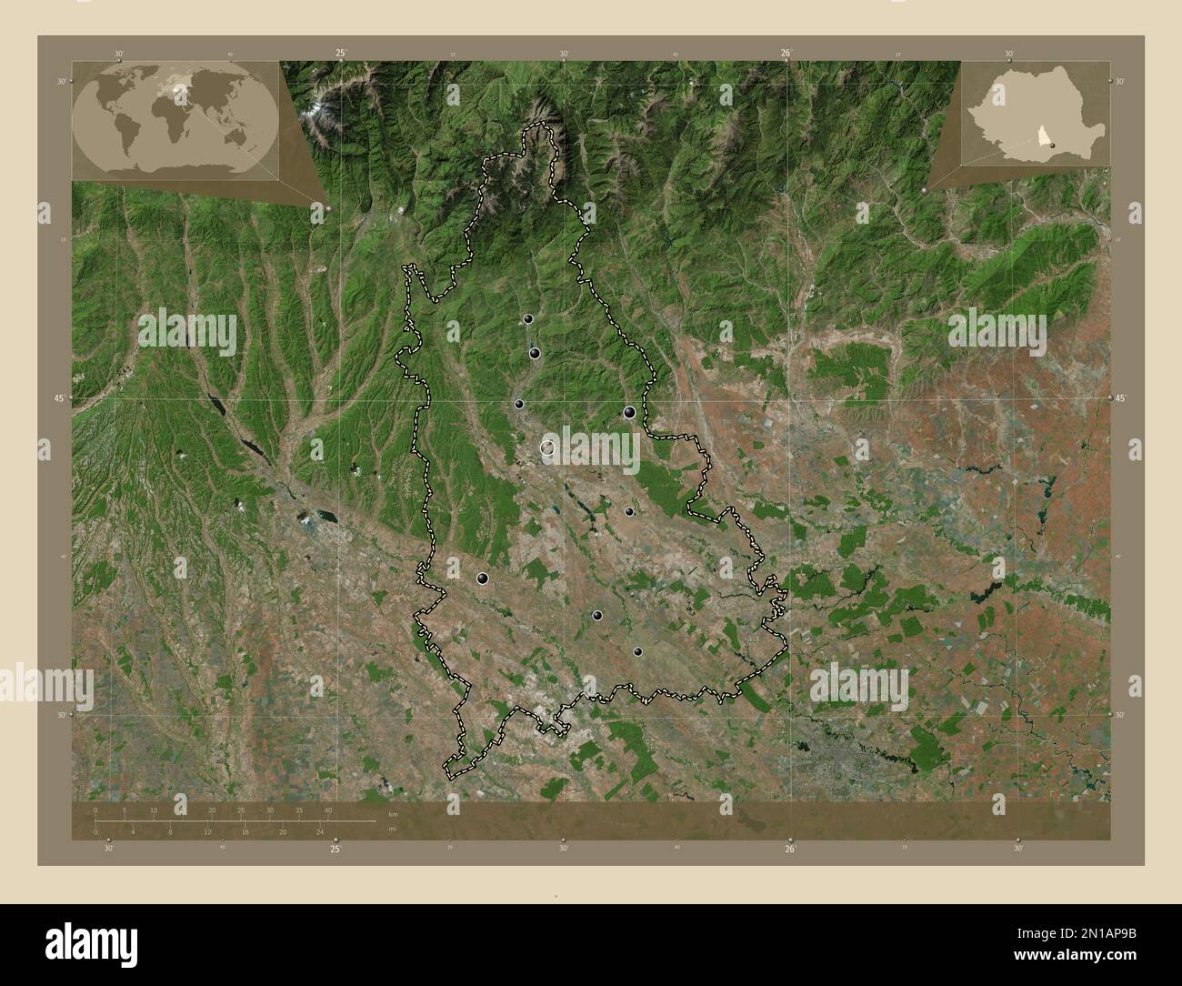 Dambovita, county of Romania. High resolution satellite map. Locations ...
