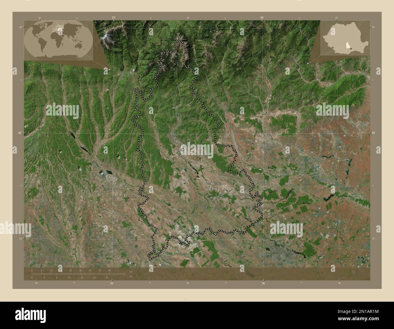 Dambovita, county of Romania. High resolution satellite map. Corner ...