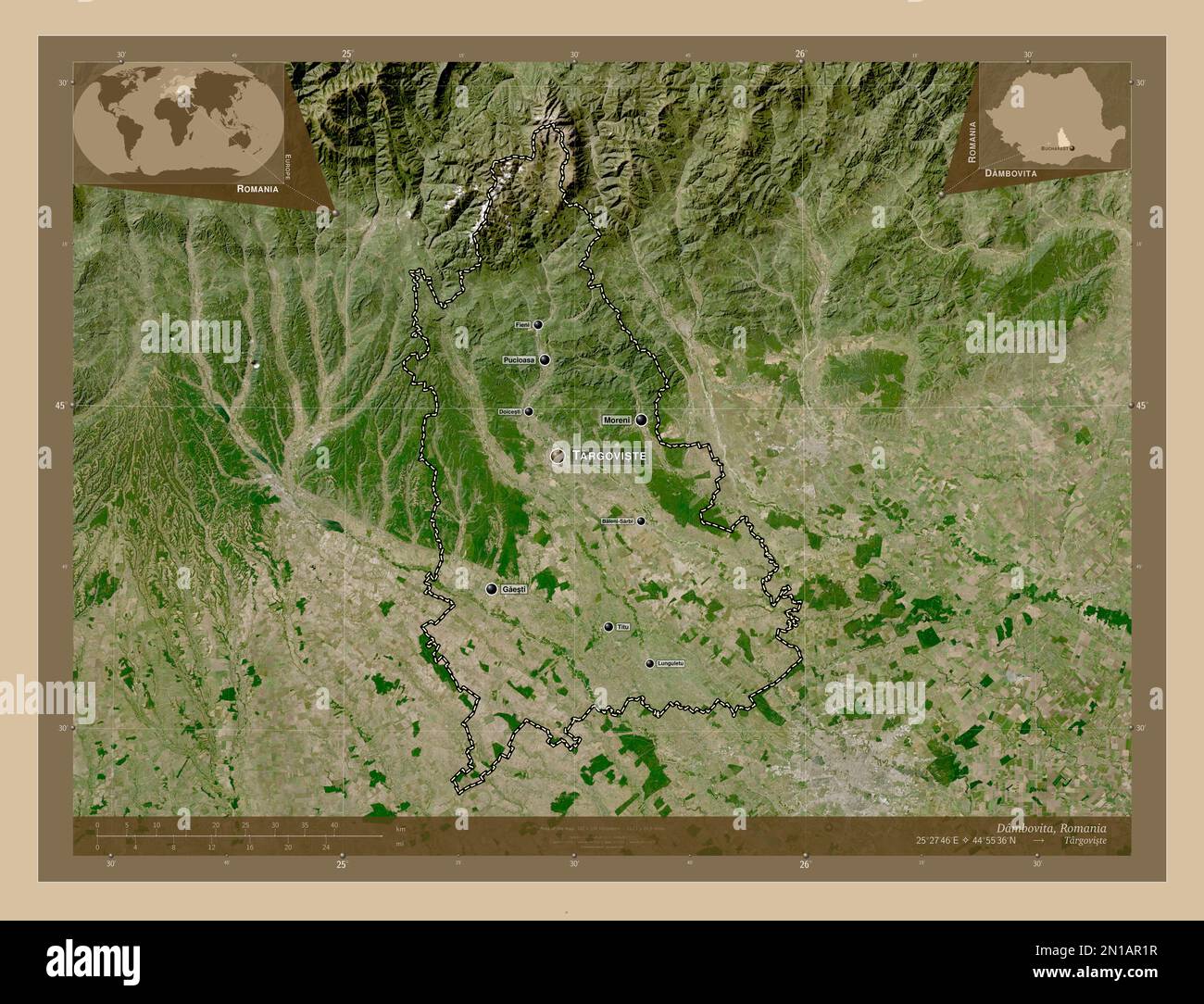 Dambovita, county of Romania. Low resolution satellite map. Locations ...