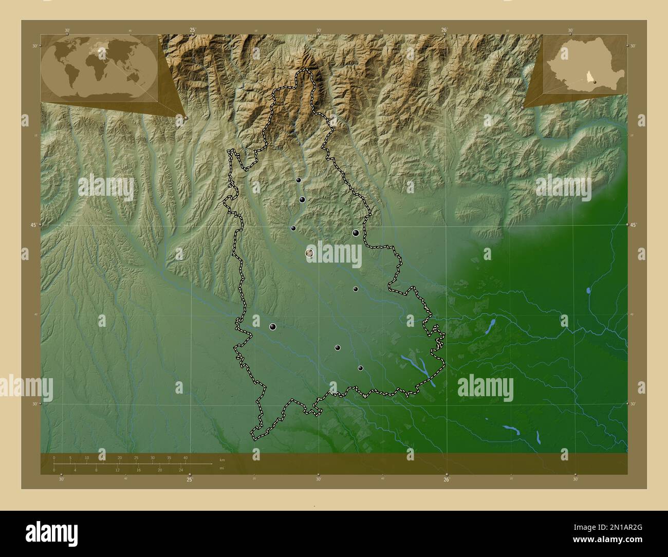 Dambovita, county of Romania. Colored elevation map with lakes and ...
