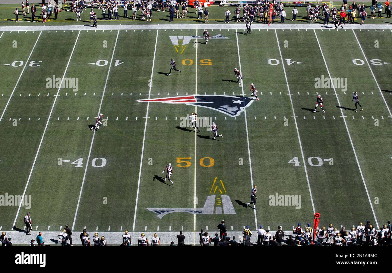 An overhead view of the field at Gillette Stadium including gold 50 ...