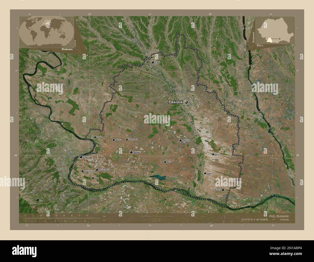 Dolj, county of Romania. High resolution satellite map. Locations and ...