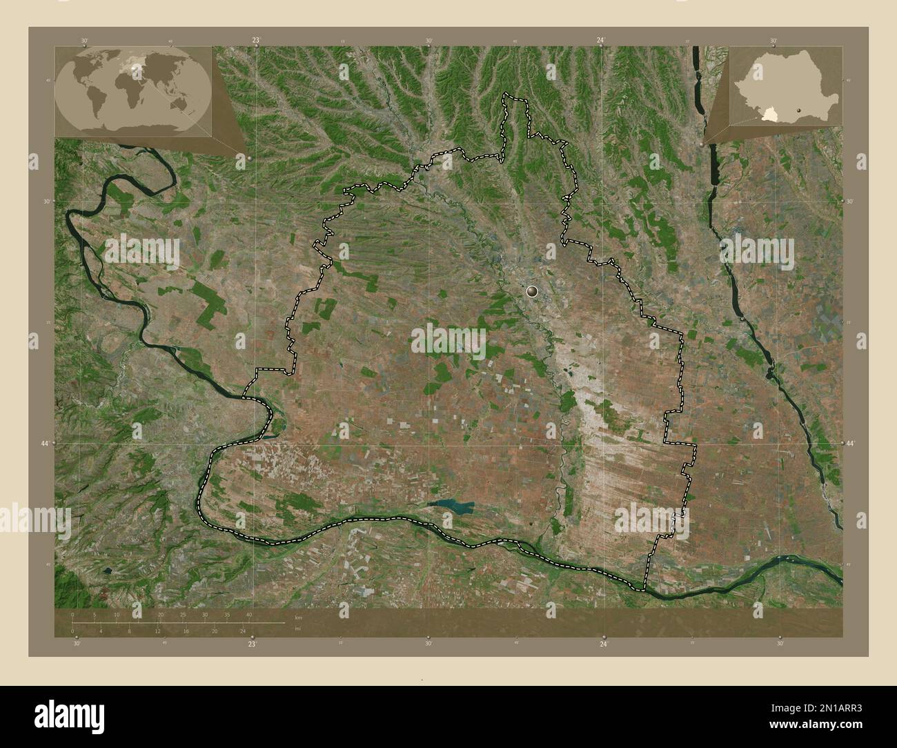 Dolj, county of Romania. High resolution satellite map. Corner ...