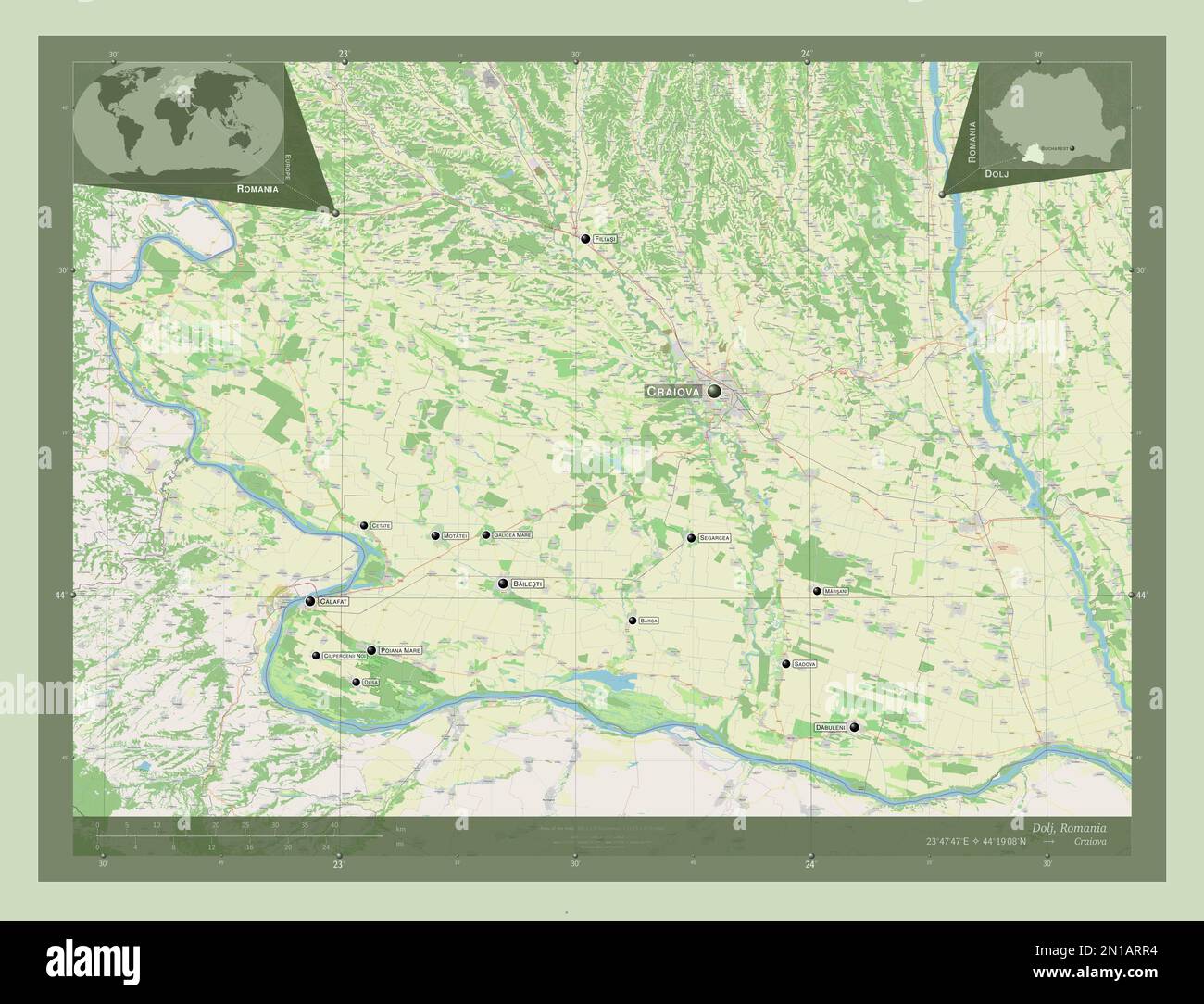 Dolj, county of Romania. Open Street Map. Locations and names of major ...