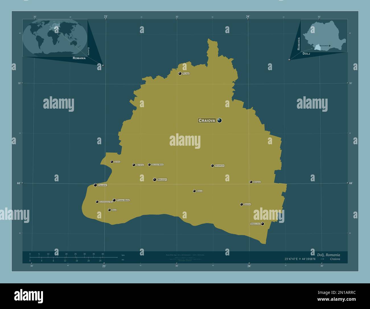 Dolj, county of Romania. Solid color shape. Locations and names of ...