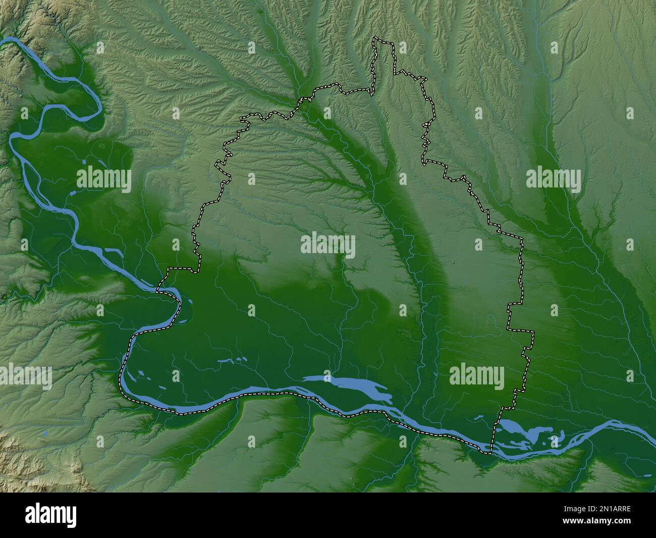 Dolj, county of Romania. Colored elevation map with lakes and rivers ...