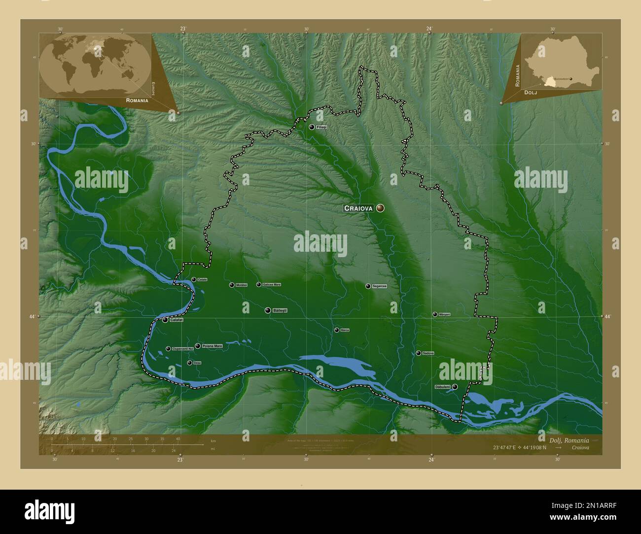Dolj, county of Romania. Colored elevation map with lakes and rivers ...