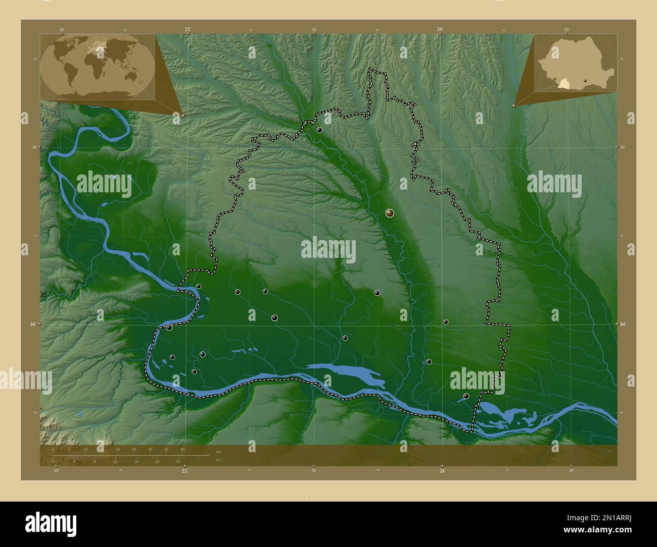 Dolj, county of Romania. Colored elevation map with lakes and rivers ...