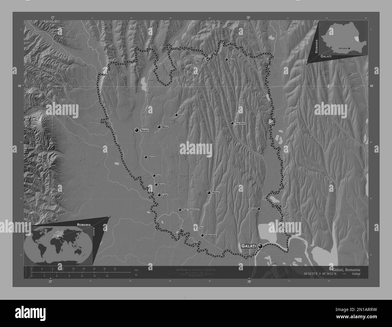 Galati, county of Romania. Bilevel elevation map with lakes and rivers ...