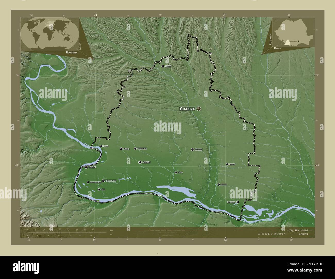 Dolj, county of Romania. Elevation map colored in wiki style with lakes ...