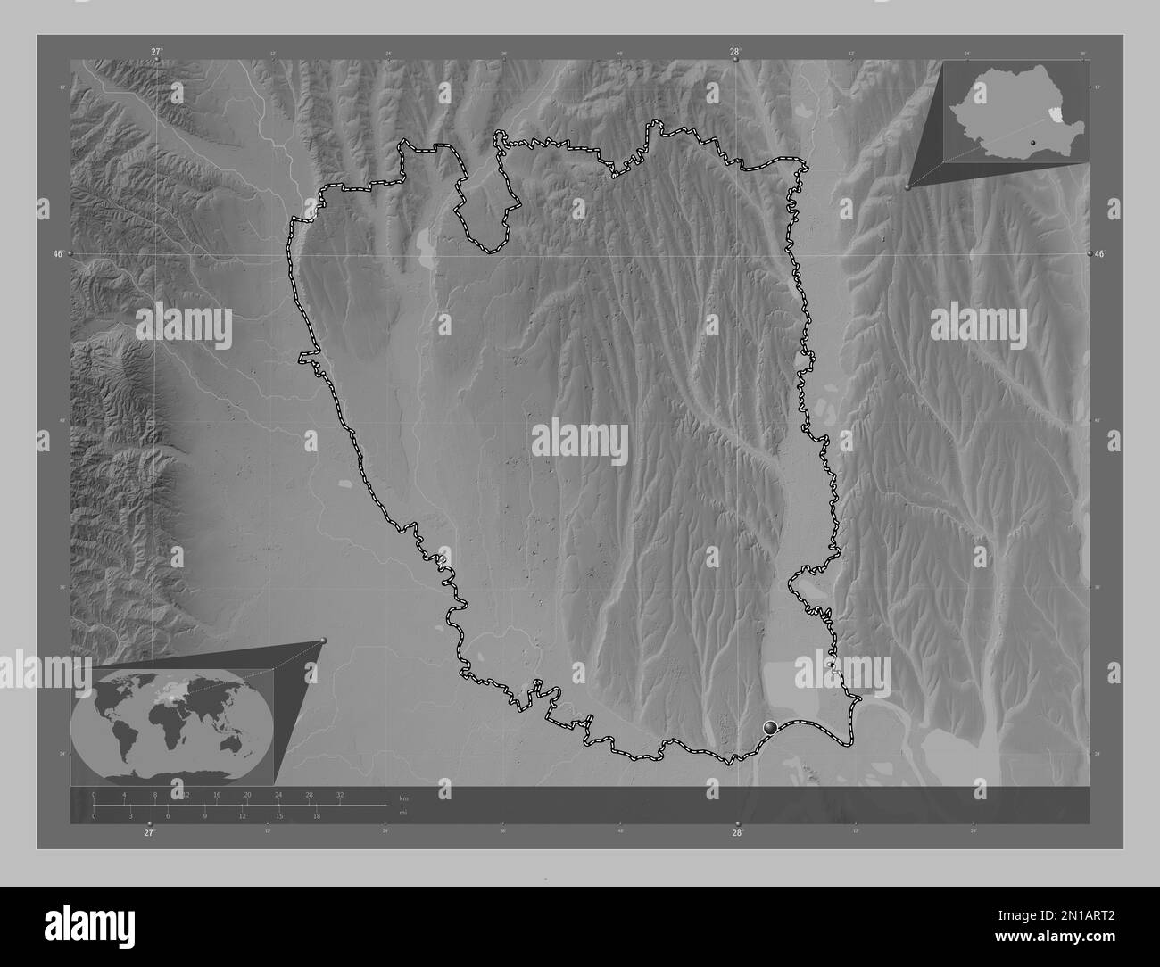 Galati, county of Romania. Grayscale elevation map with lakes and ...