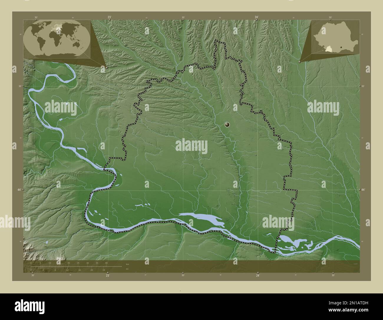 Dolj, county of Romania. Elevation map colored in wiki style with lakes ...
