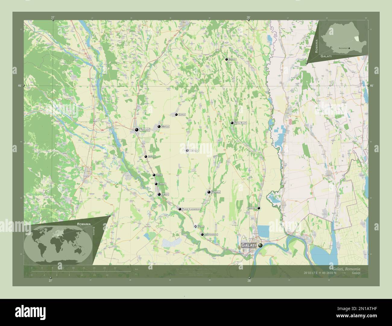 Galati, county of Romania. Open Street Map. Locations and names of ...