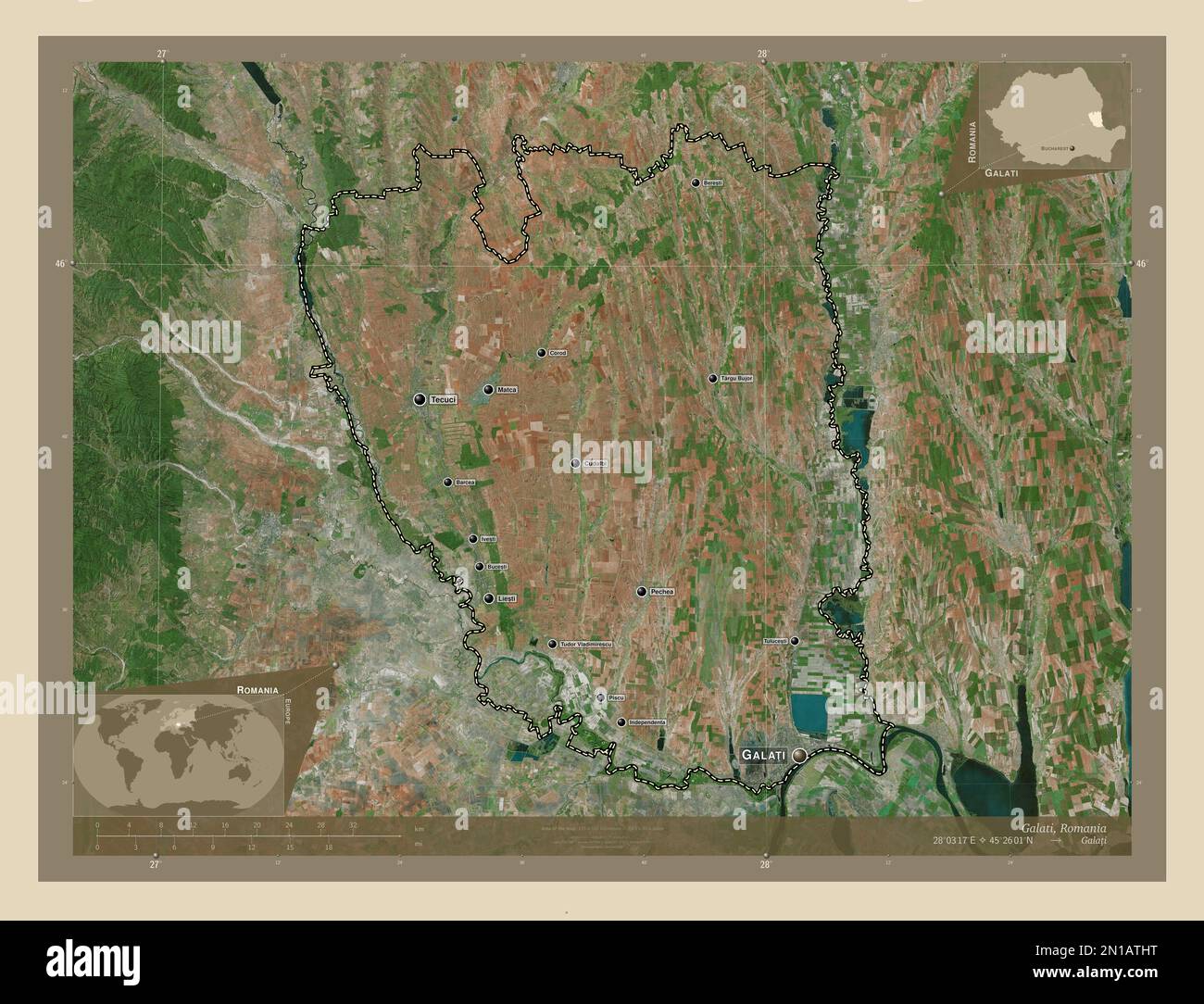 Galati, county of Romania. High resolution satellite map. Locations and ...