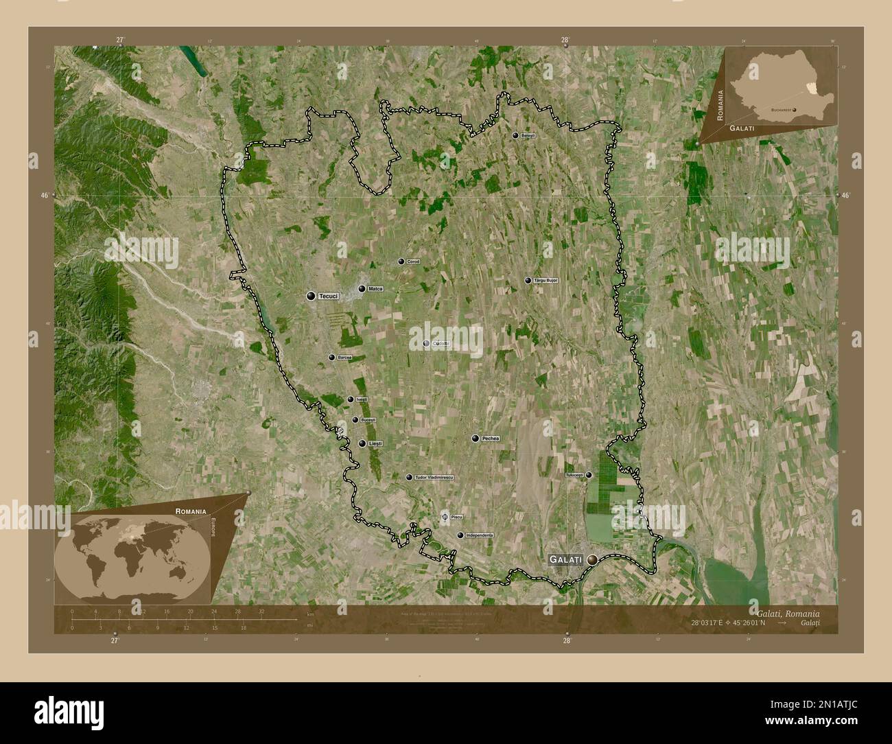 Galati, county of Romania. Low resolution satellite map. Locations and ...
