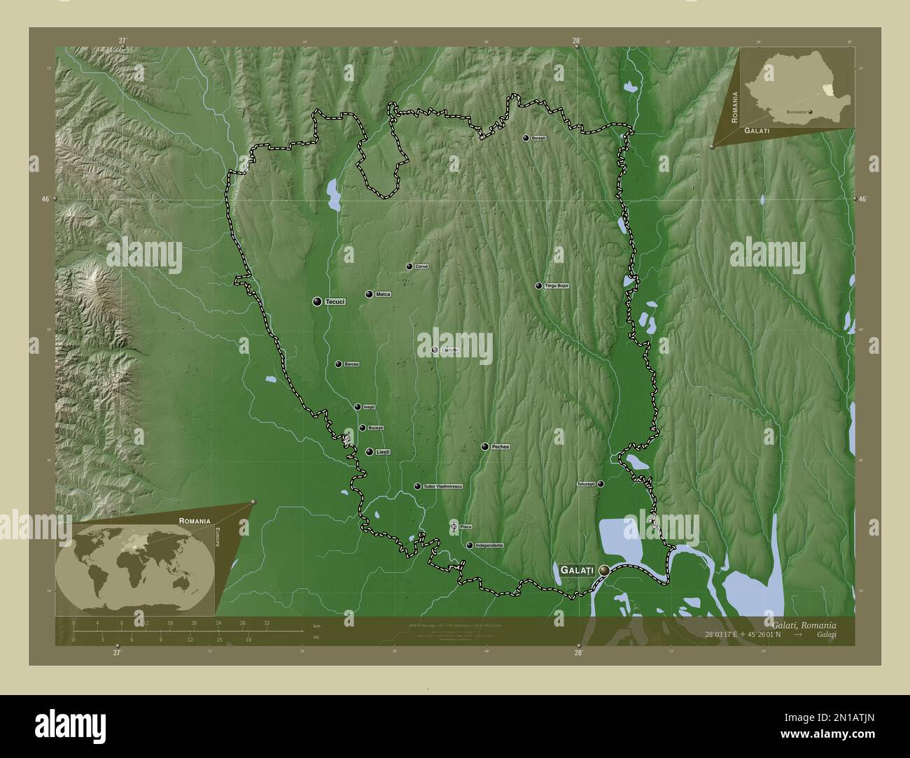 Galati, county of Romania. Elevation map colored in wiki style with ...