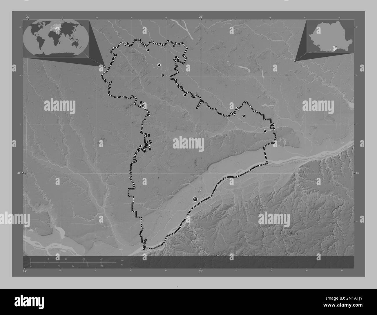 Giurgiu, county of Romania. Grayscale elevation map with lakes and ...