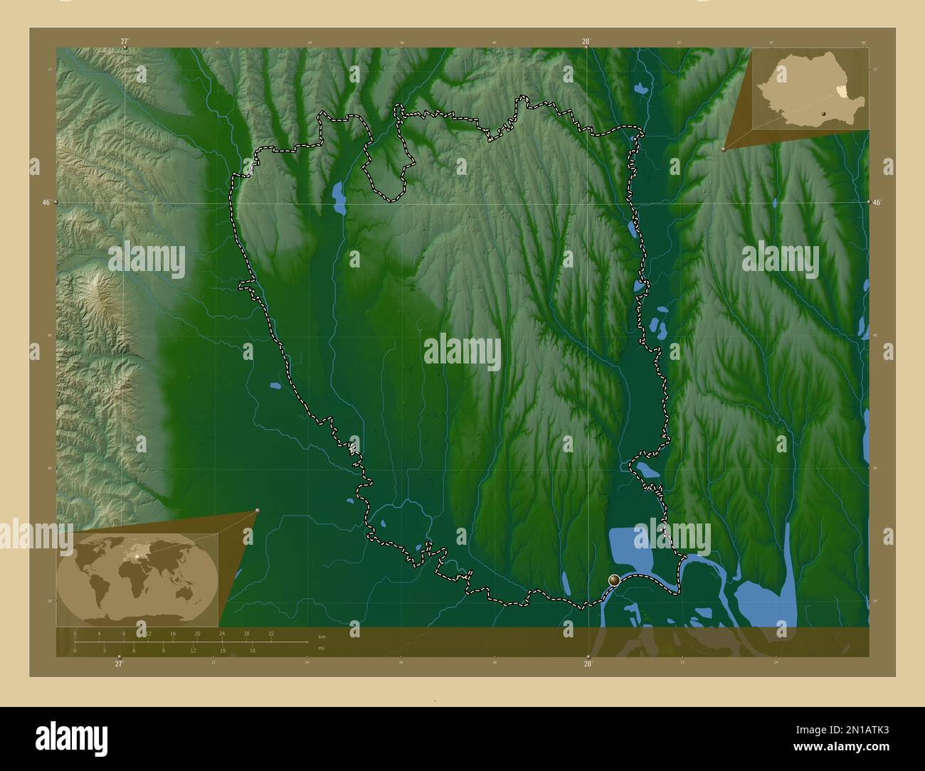Galati, county of Romania. Colored elevation map with lakes and rivers ...