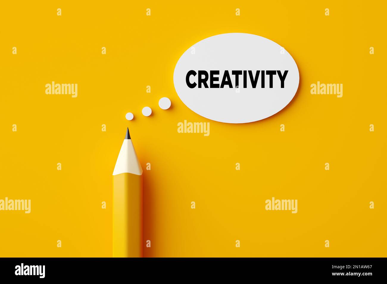 Pencil and thought bubble with the word creativity on yellow background ...