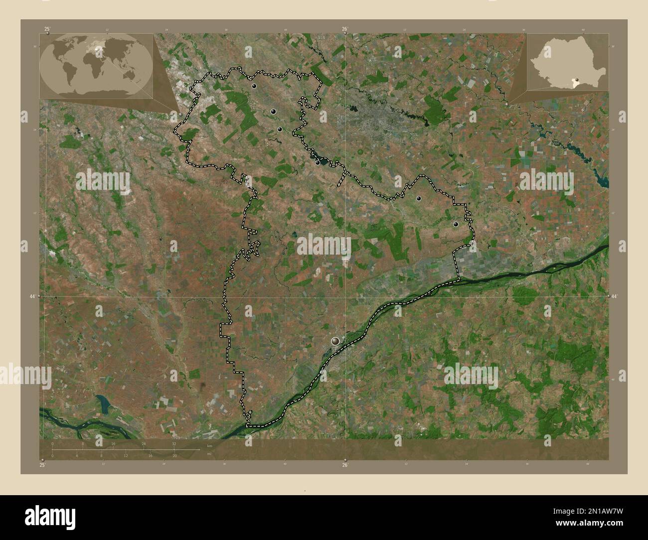 Giurgiu, county of Romania. High resolution satellite map. Locations of ...