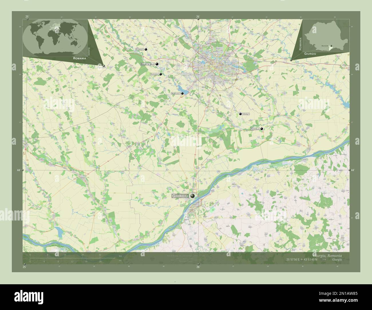 Giurgiu, county of Romania. Open Street Map. Locations and names of ...