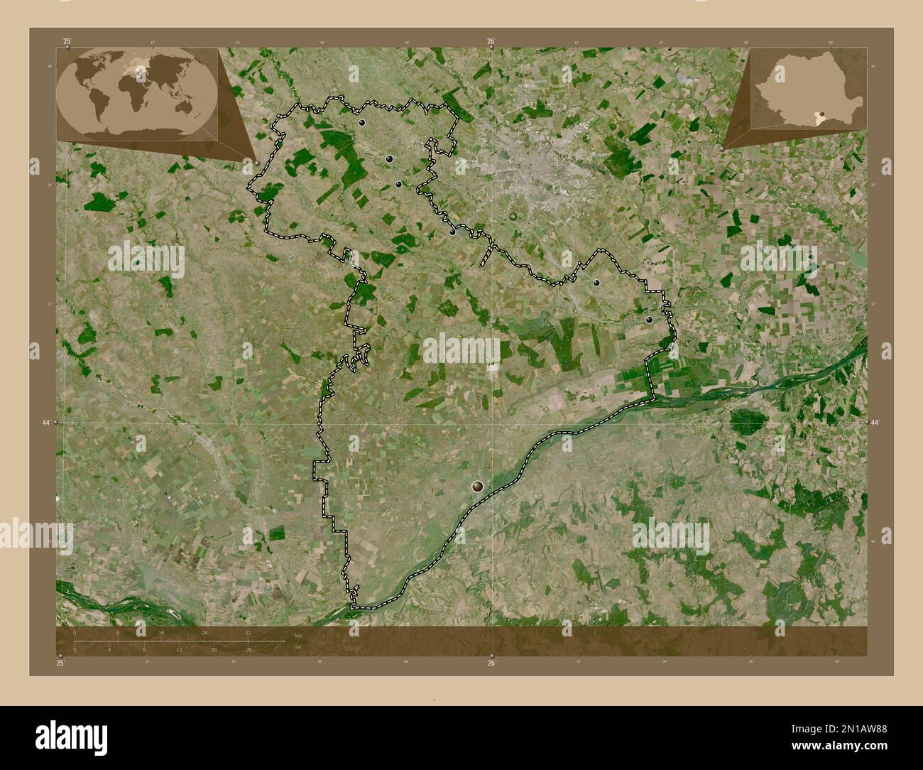 Giurgiu, county of Romania. Low resolution satellite map. Locations of ...