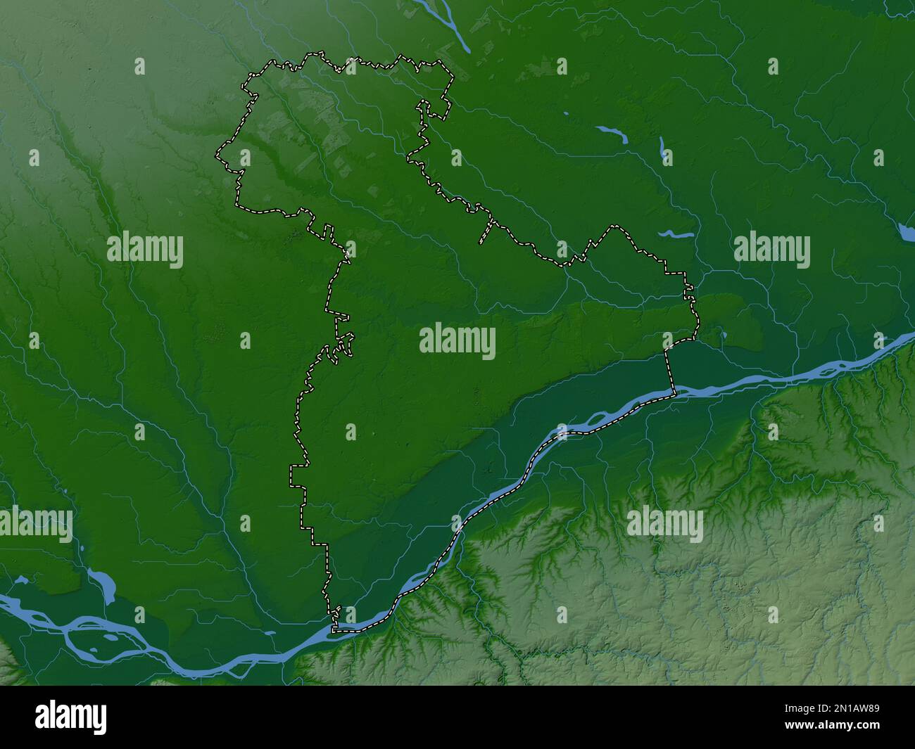 Giurgiu, county of Romania. Colored elevation map with lakes and rivers ...