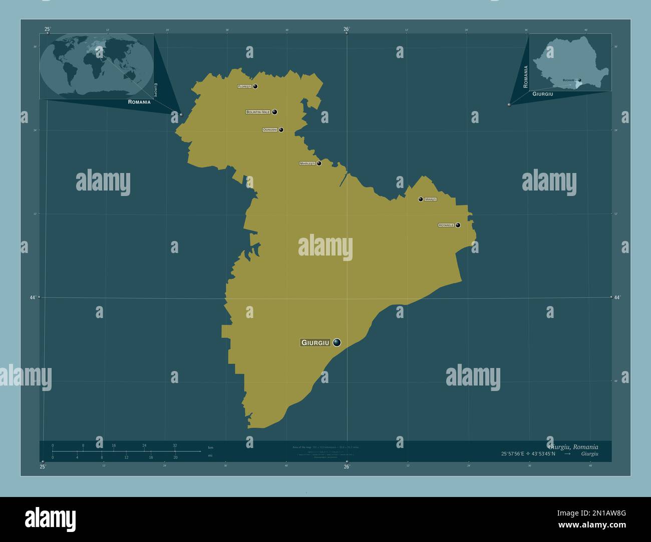 Giurgiu, county of Romania. Solid color shape. Locations and names of ...