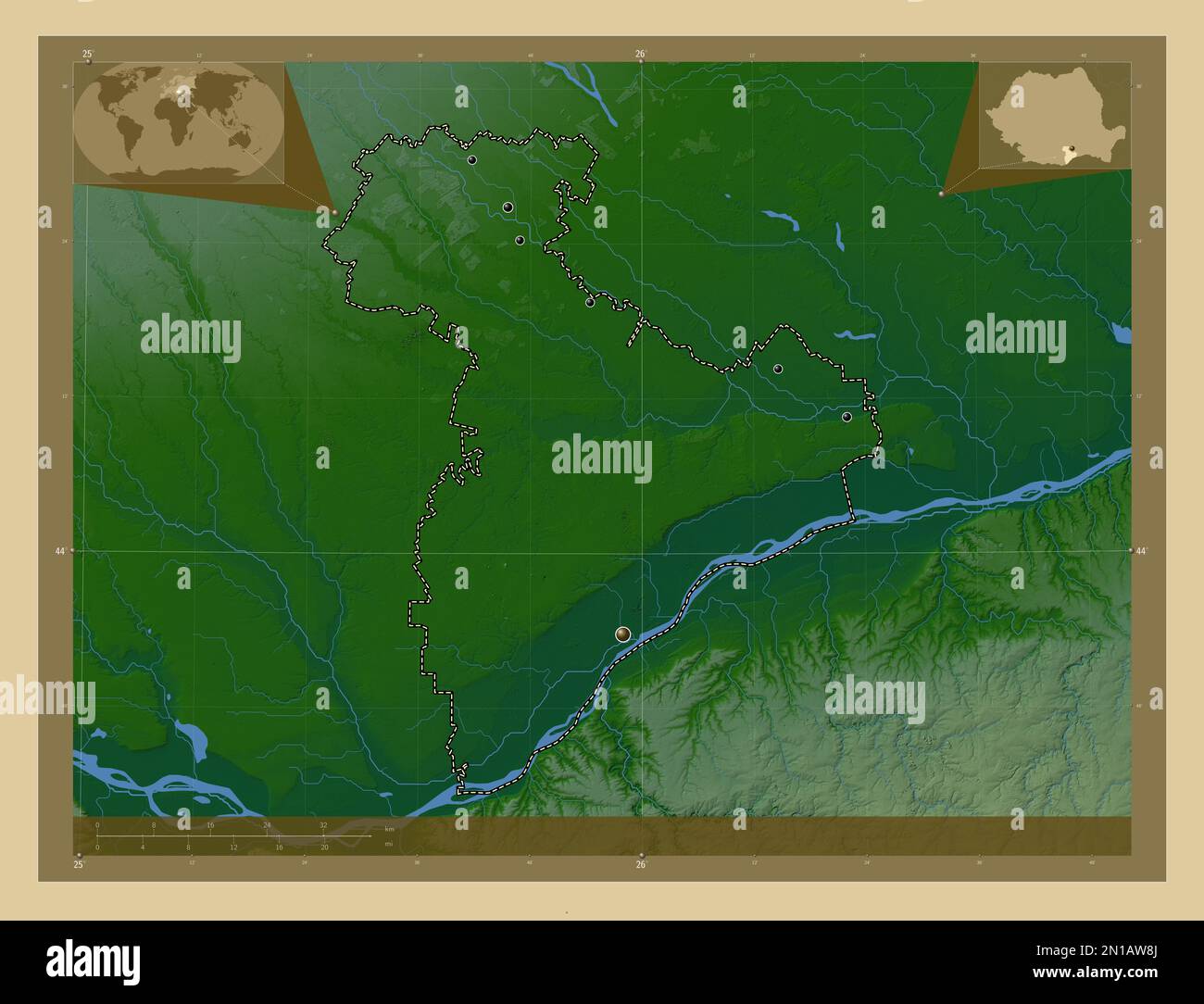 Giurgiu, county of Romania. Colored elevation map with lakes and rivers ...
