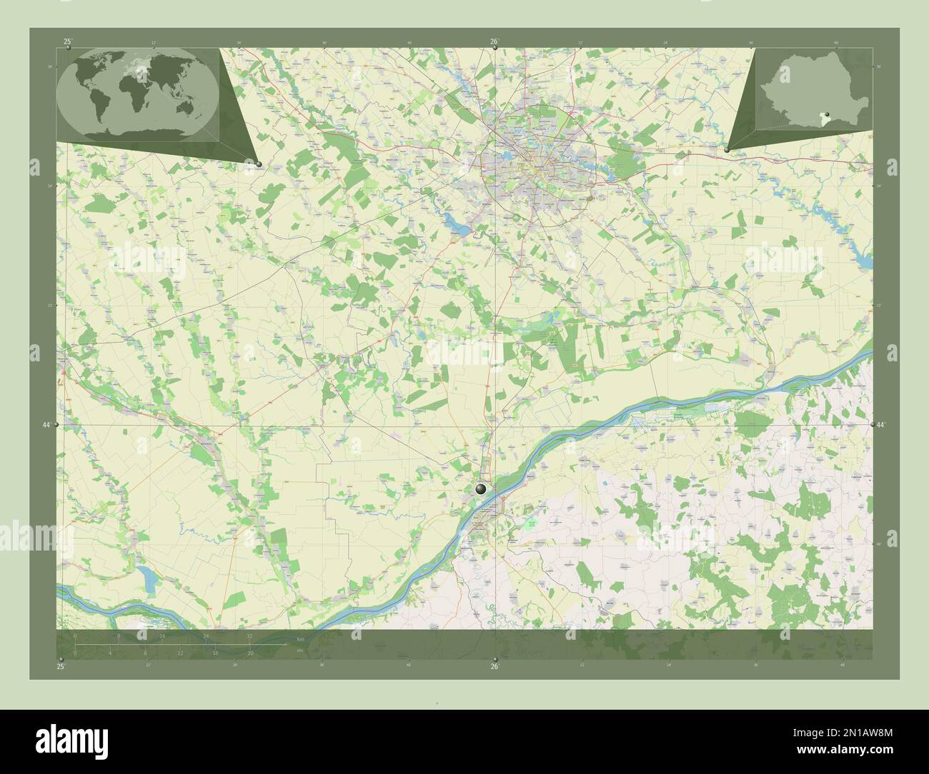 Giurgiu, county of Romania. Open Street Map. Corner auxiliary location ...