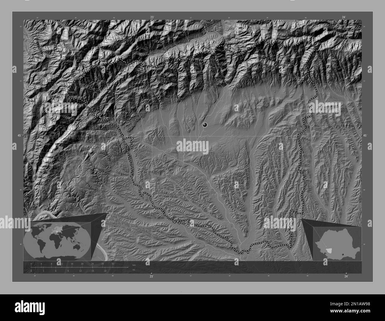 Gorj, county of Romania. Bilevel elevation map with lakes and rivers ...