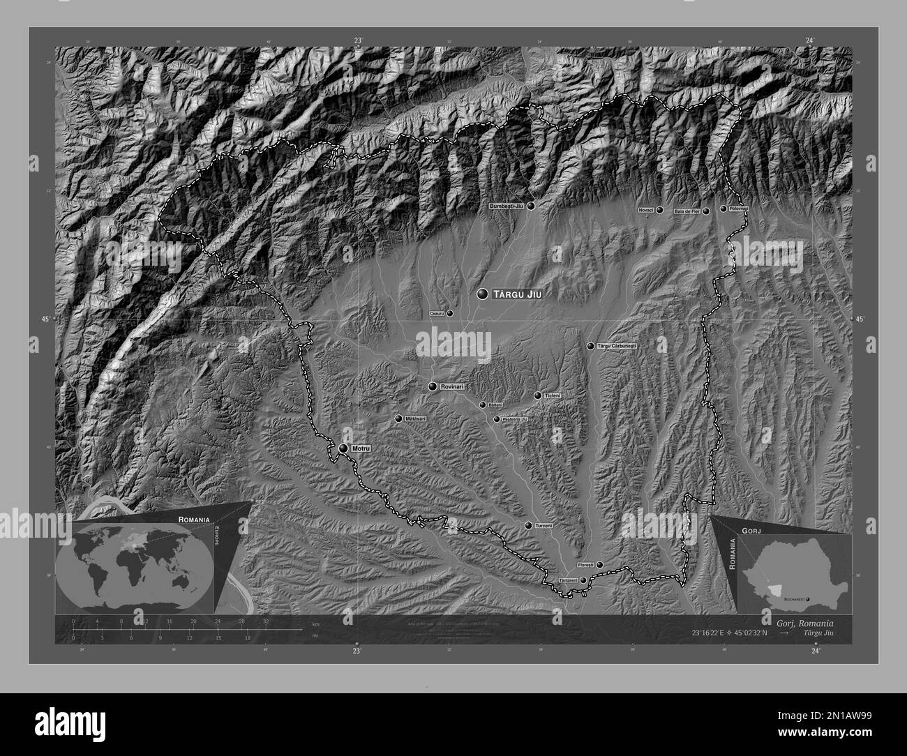 Gorj, county of Romania. Bilevel elevation map with lakes and rivers ...