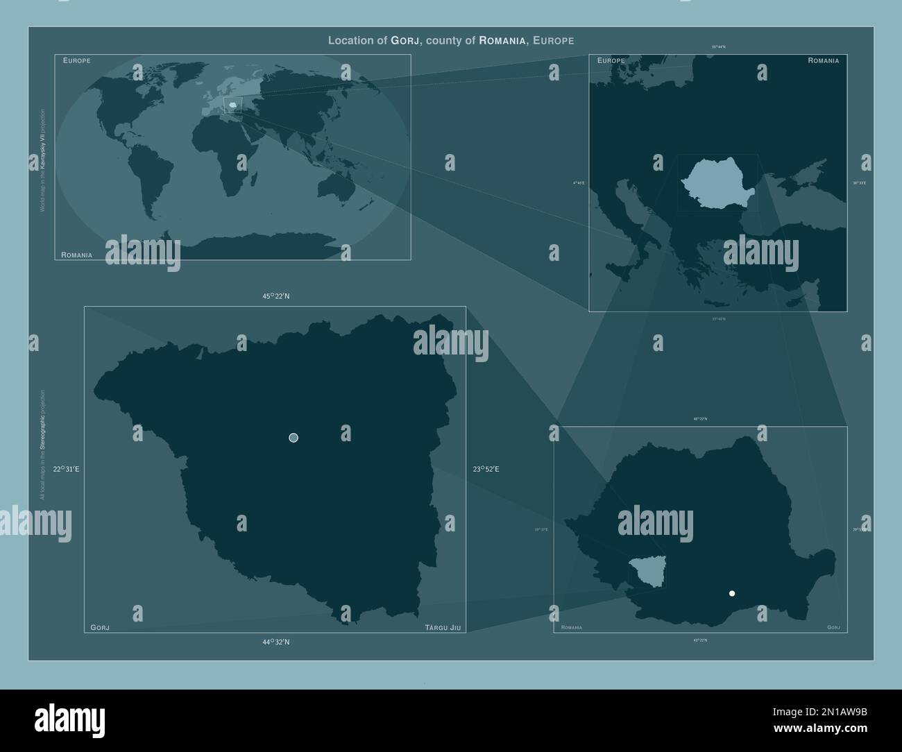 Gorj, county of Romania. Diagram showing the location of the region on ...