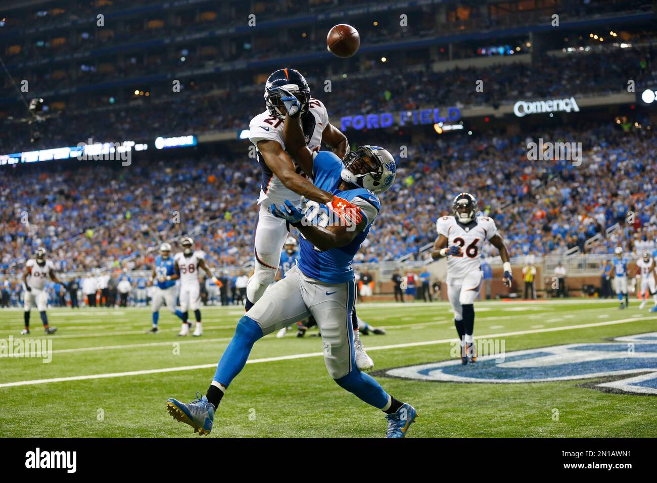 Denver Broncos cornerback Aqib Talib (21) and Detroit Lions wide ...