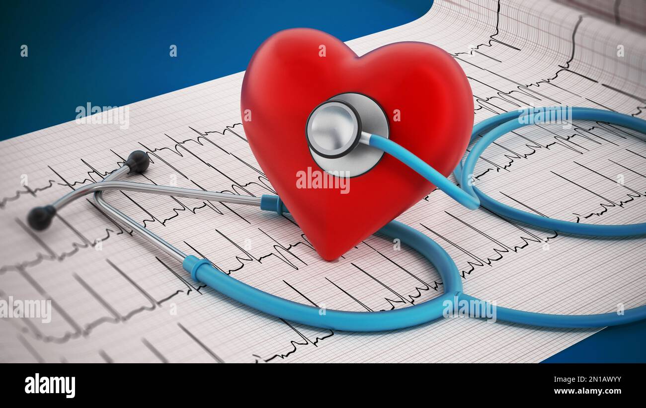 Heart health concept with pills and stethocope on ecg documents. 3D ...