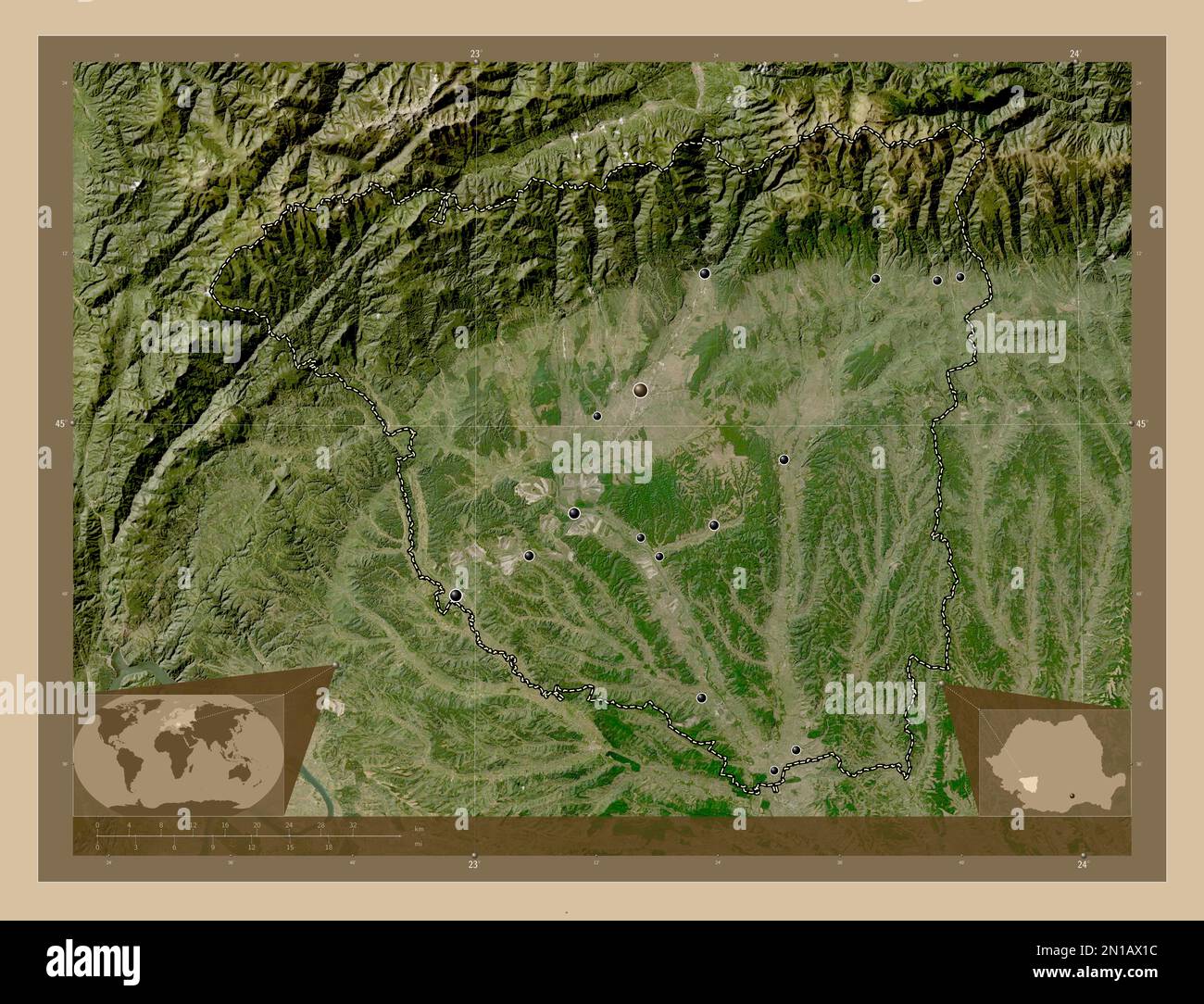 Gorj, county of Romania. Low resolution satellite map. Locations of ...