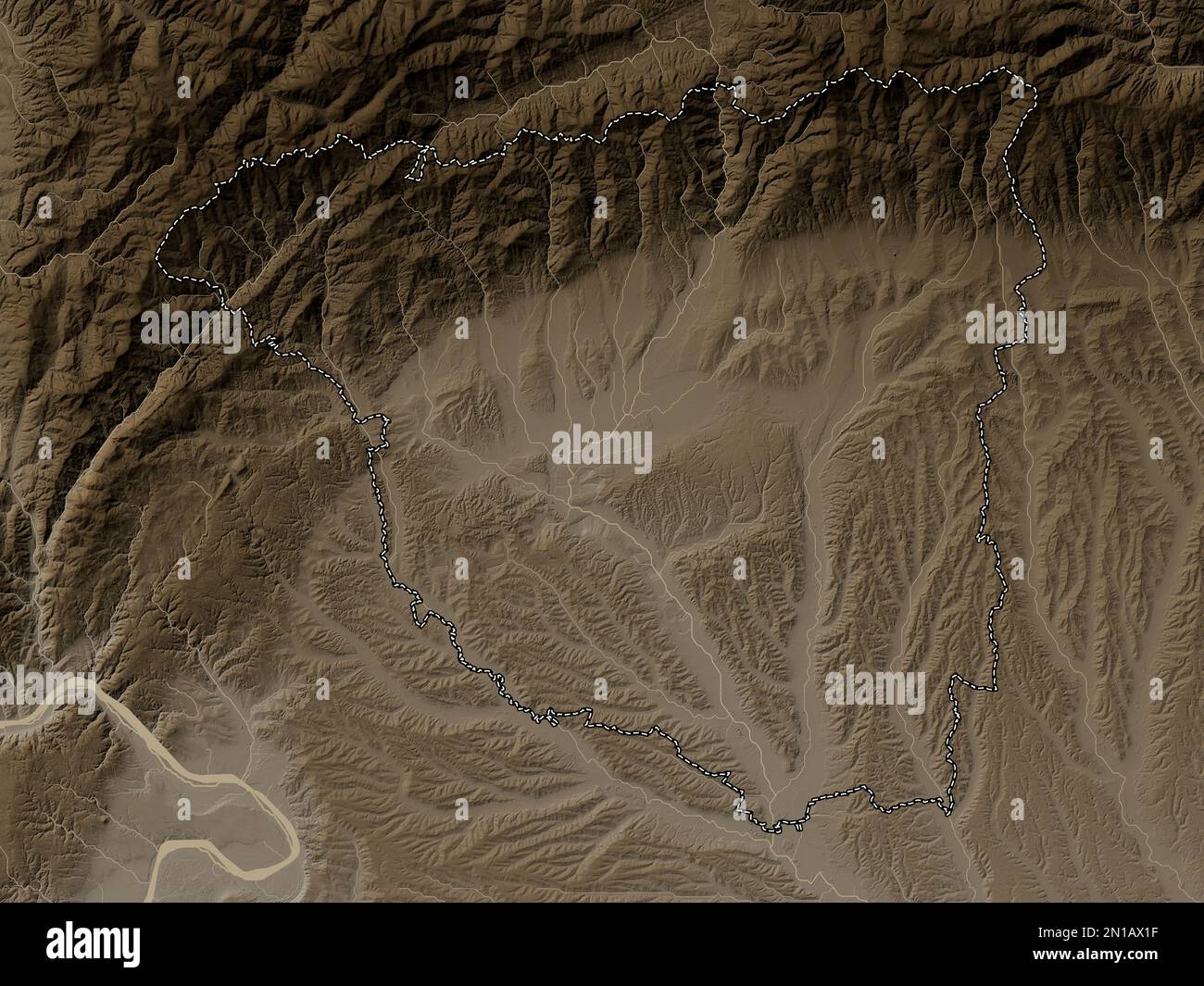 Gorj, county of Romania. Elevation map colored in sepia tones with ...