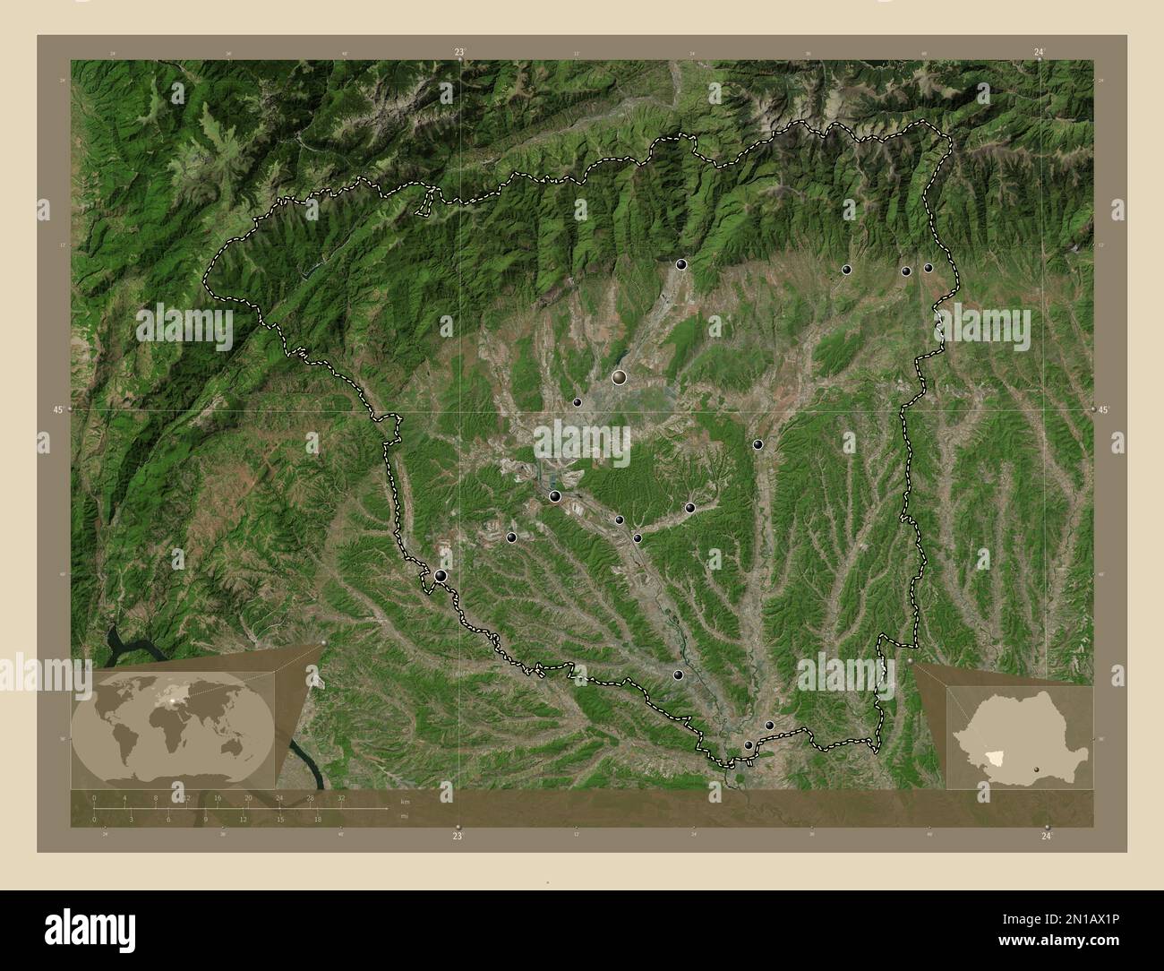 Gorj, county of Romania. High resolution satellite map. Locations of ...