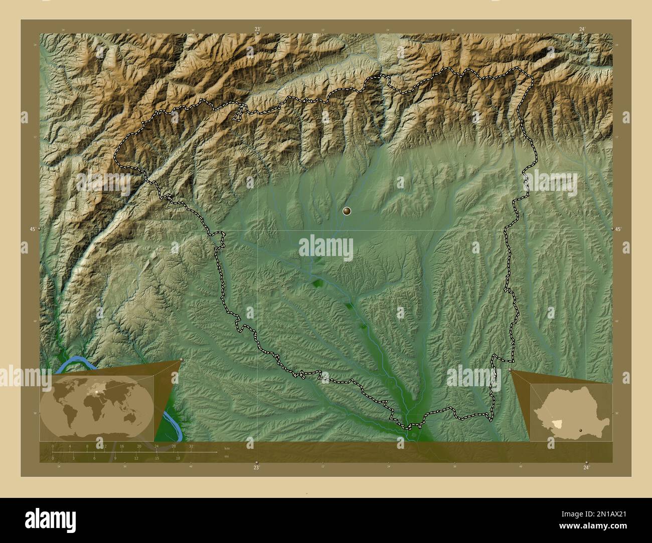 Gorj, county of Romania. Colored elevation map with lakes and rivers ...