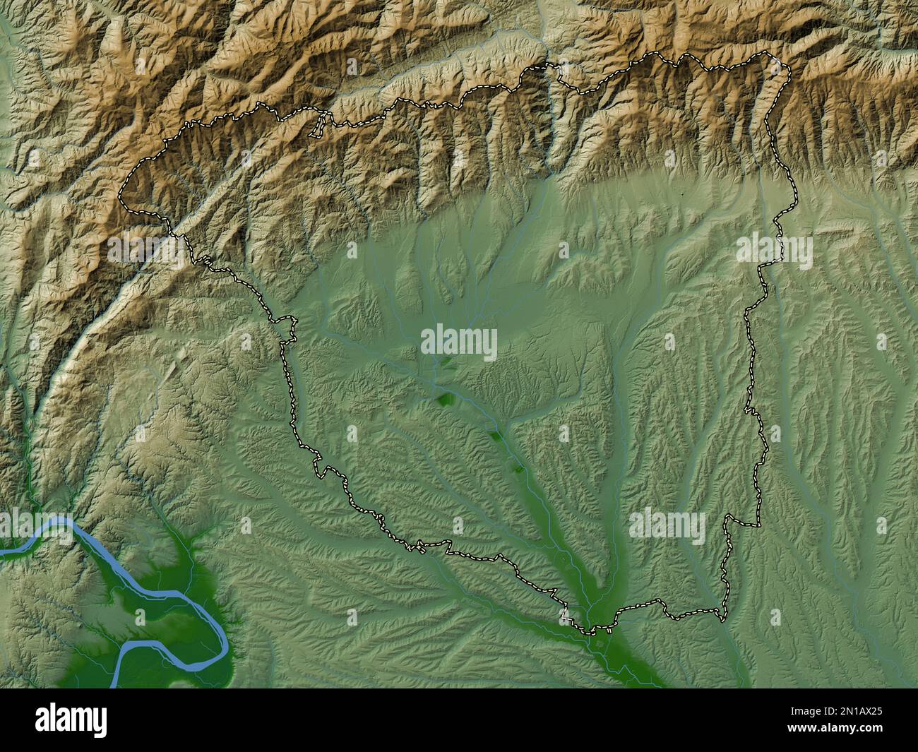 Gorj, county of Romania. Colored elevation map with lakes and rivers ...