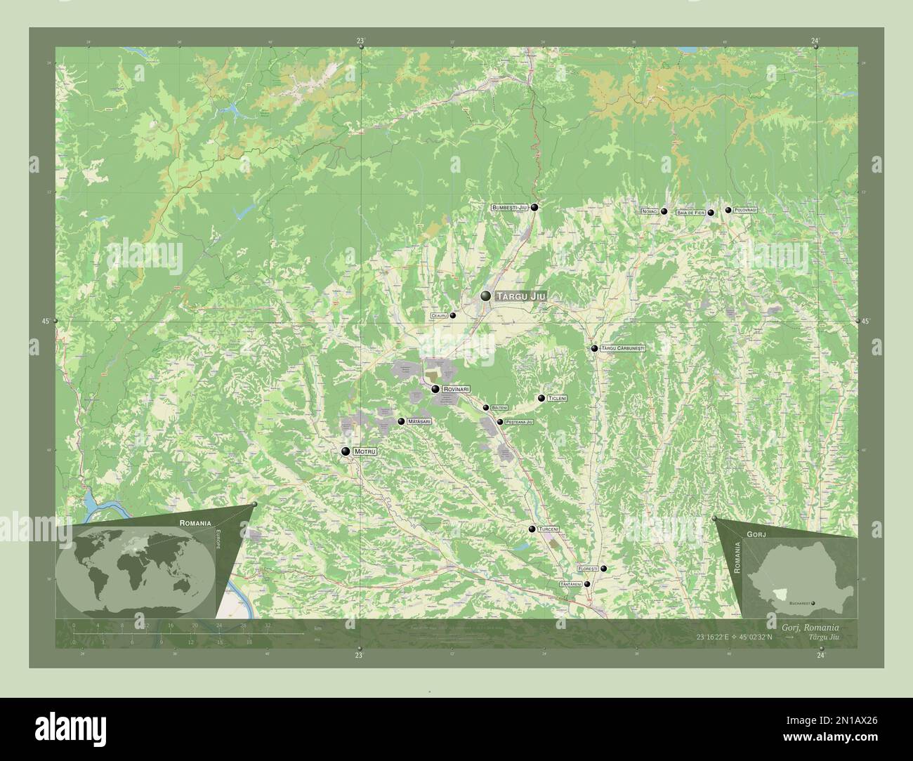 Gorj, county of Romania. Open Street Map. Locations and names of major ...