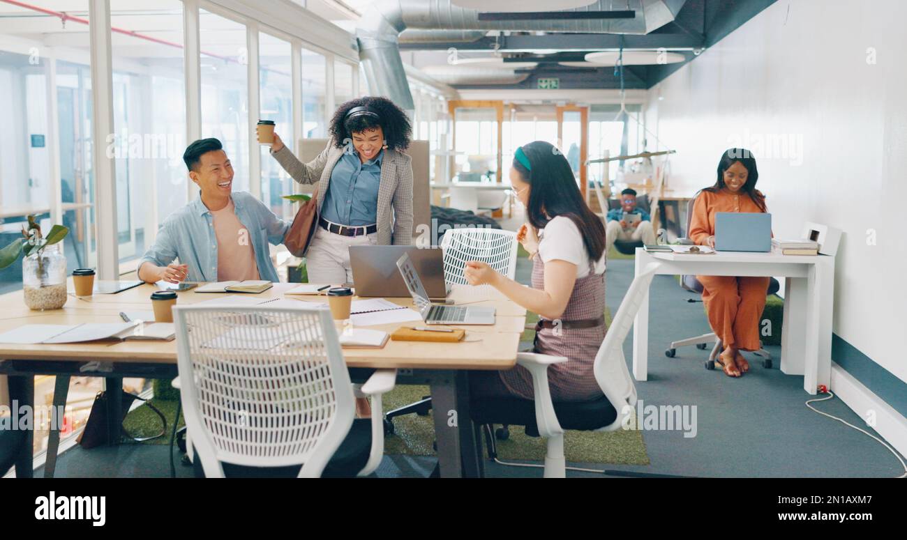 Corporate black woman, dancing and headphones in startup office, smile ...