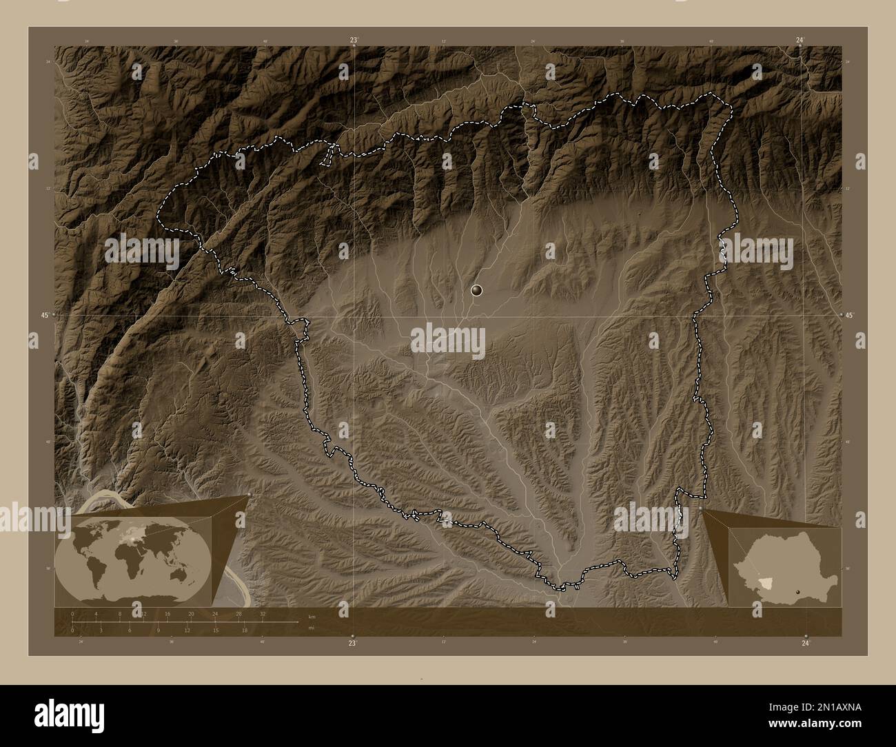 Gorj, county of Romania. Elevation map colored in sepia tones with ...