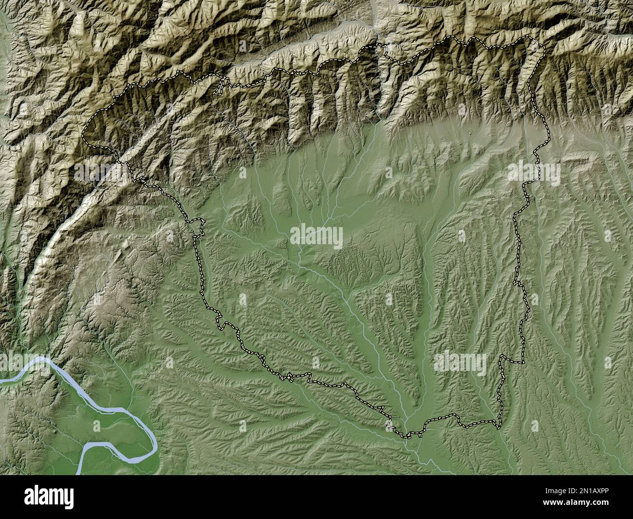 Gorj, county of Romania. Elevation map colored in wiki style with lakes ...