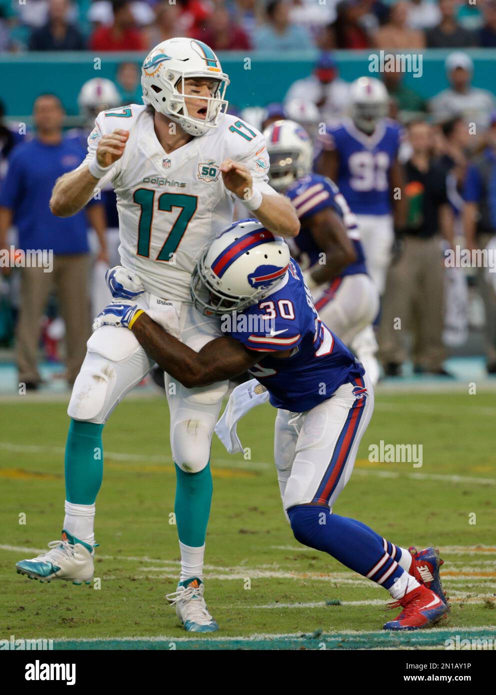 Buffalo Bills strong safety Bacarri Rambo (30) tackles Miami Dolphins ...