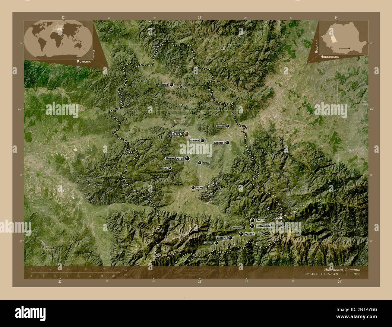 Hunedoara, county of Romania. Low resolution satellite map. Locations ...